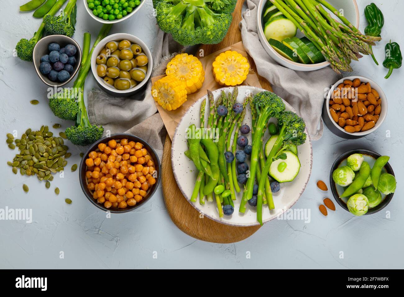 Healthy plant based food, best protein source on light grey background ...