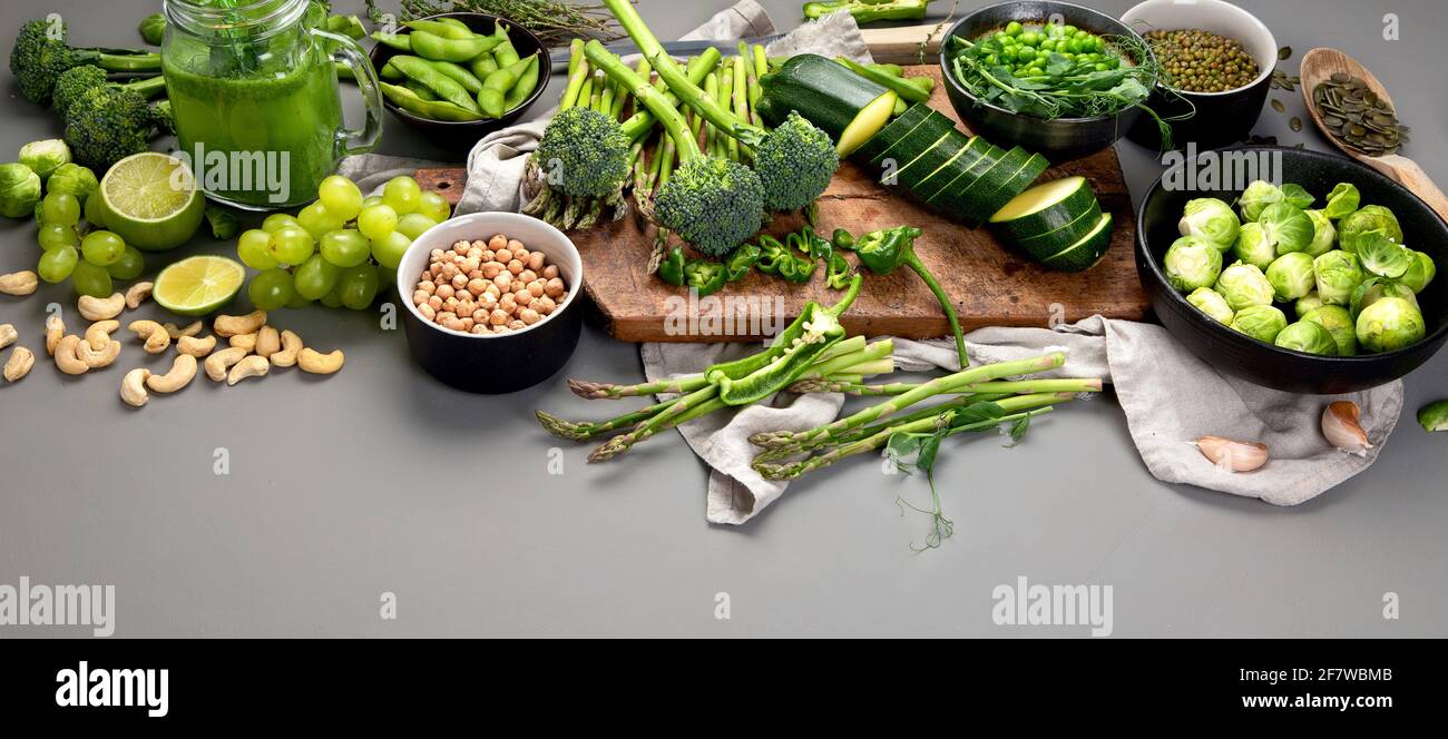 Set of various green vegetables and fruits like cabbage, broccoli ...