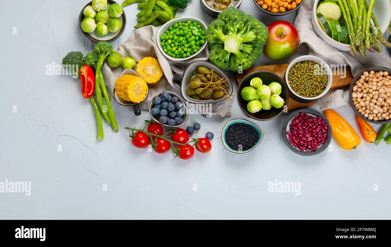 Healthy plant based food, best protein source on light grey background ...