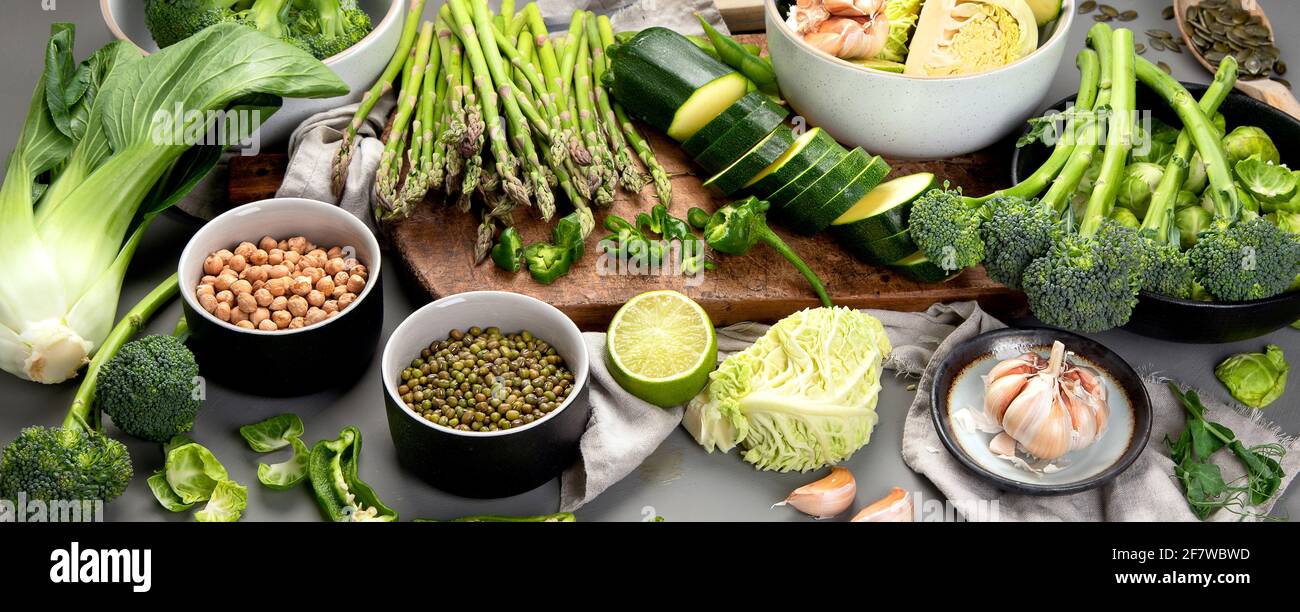 Set of various green vegetables and fruits like cabbage, broccoli ...