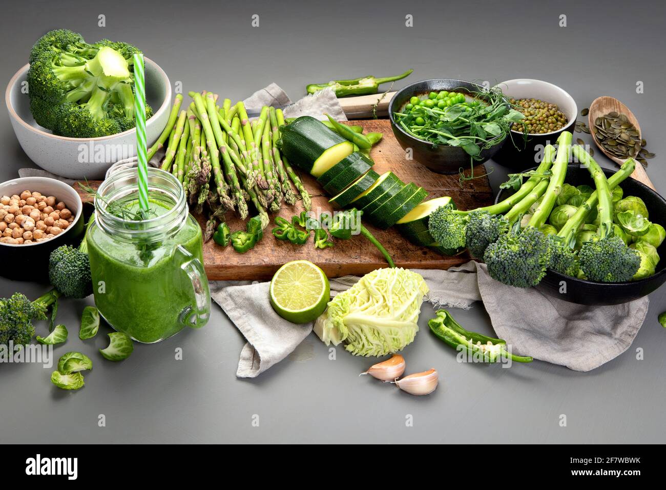 Set of various green vegetables and fruits like cabbage, broccoli ...