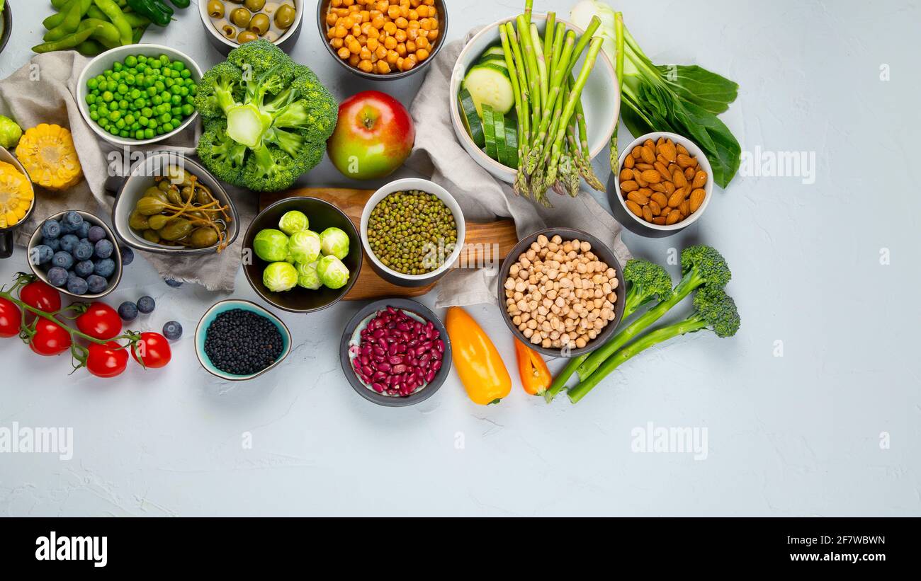 Healthy plant based food, best protein source on light grey background ...
