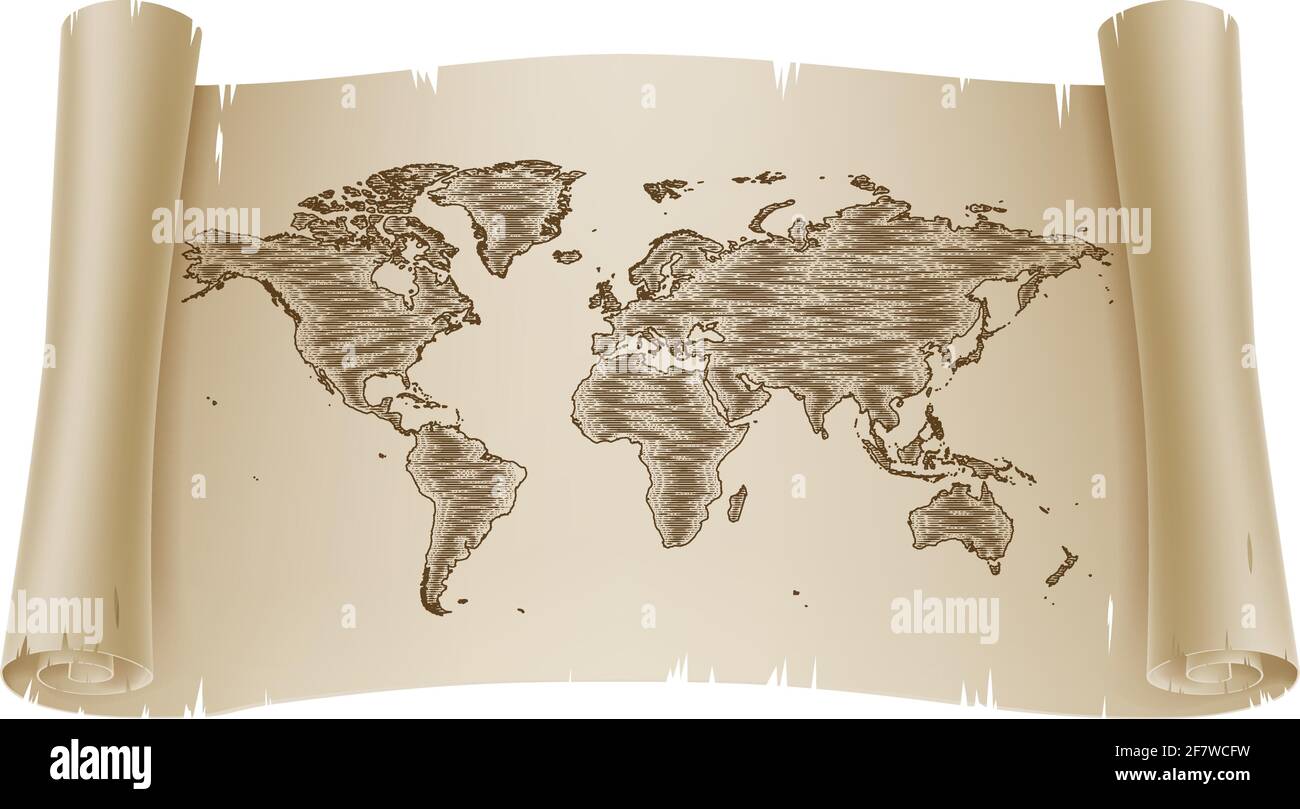 World Map Drawing Old Woodcut Engraved Scroll Stock Vector Image & Art ...