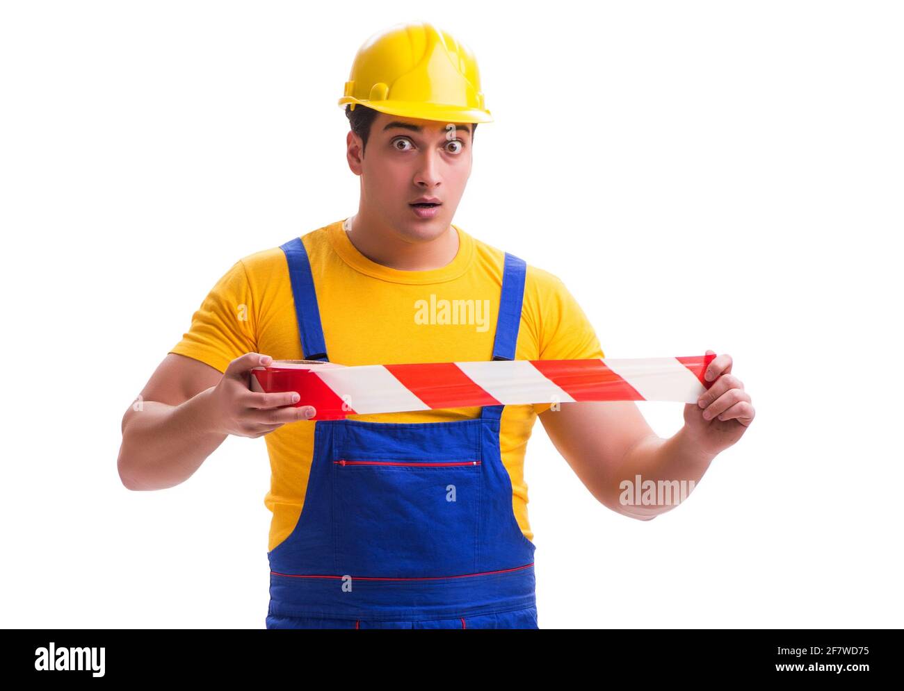 The funny worker wearing coveralls with tape Stock Photo - Alamy