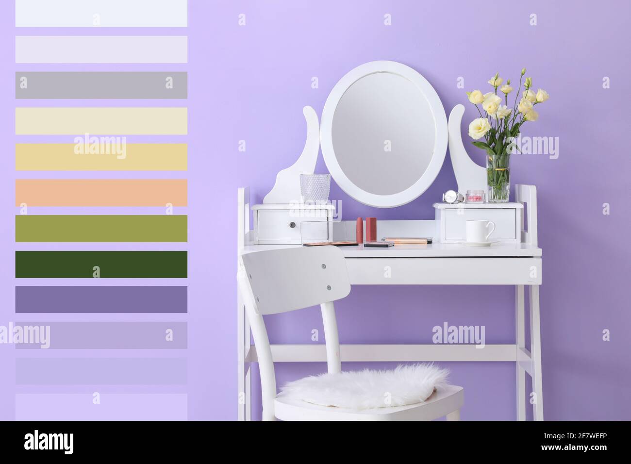 Stylish dressing table near color wall. Different color patterns Stock ...