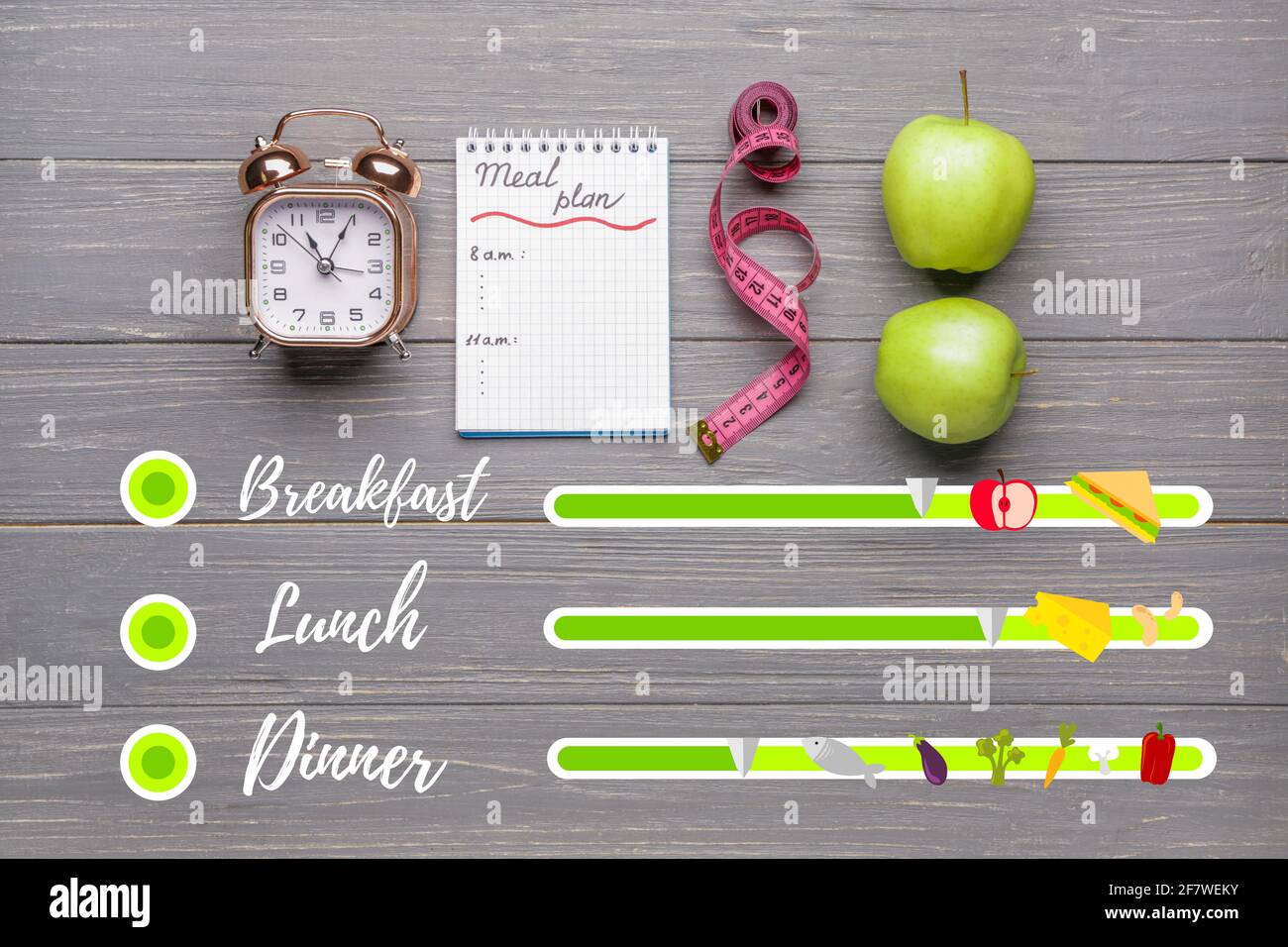 Process of meal planning on wooden background Stock Photo - Alamy