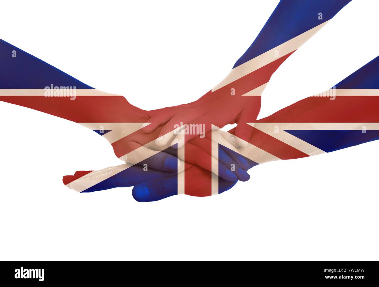 Hands in colors of United Kingdom flag on white background Stock Photo ...