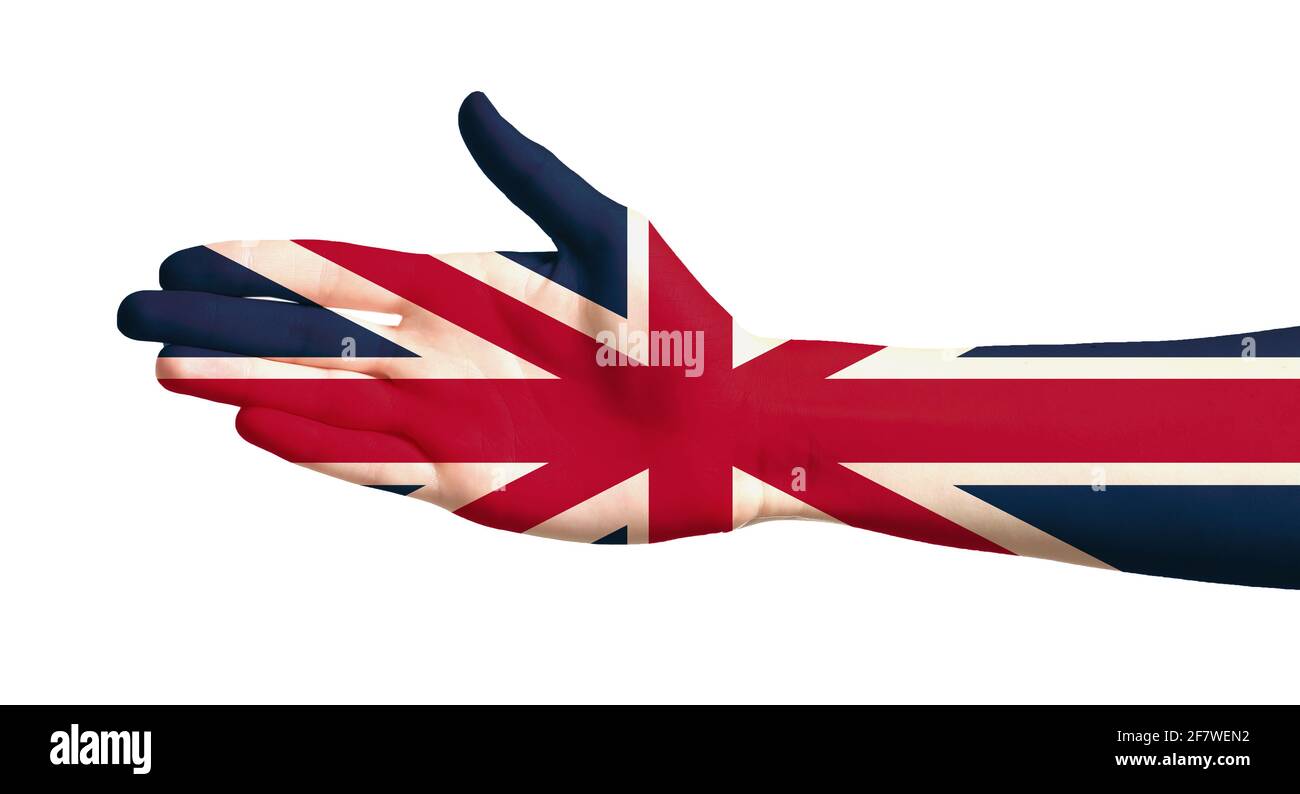 Hand in colors of United Kingdom flag on white background Stock Photo ...