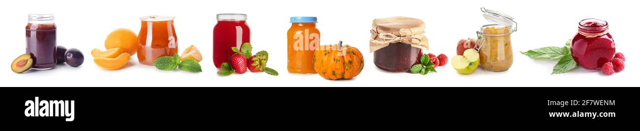 Different fruit jams in jars on white background Stock Photo - Alamy