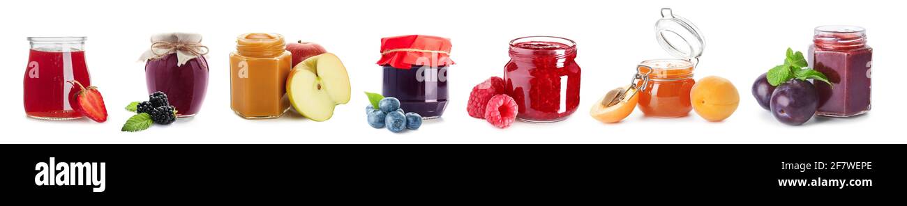 Different fruit jams in jars on white background Stock Photo - Alamy