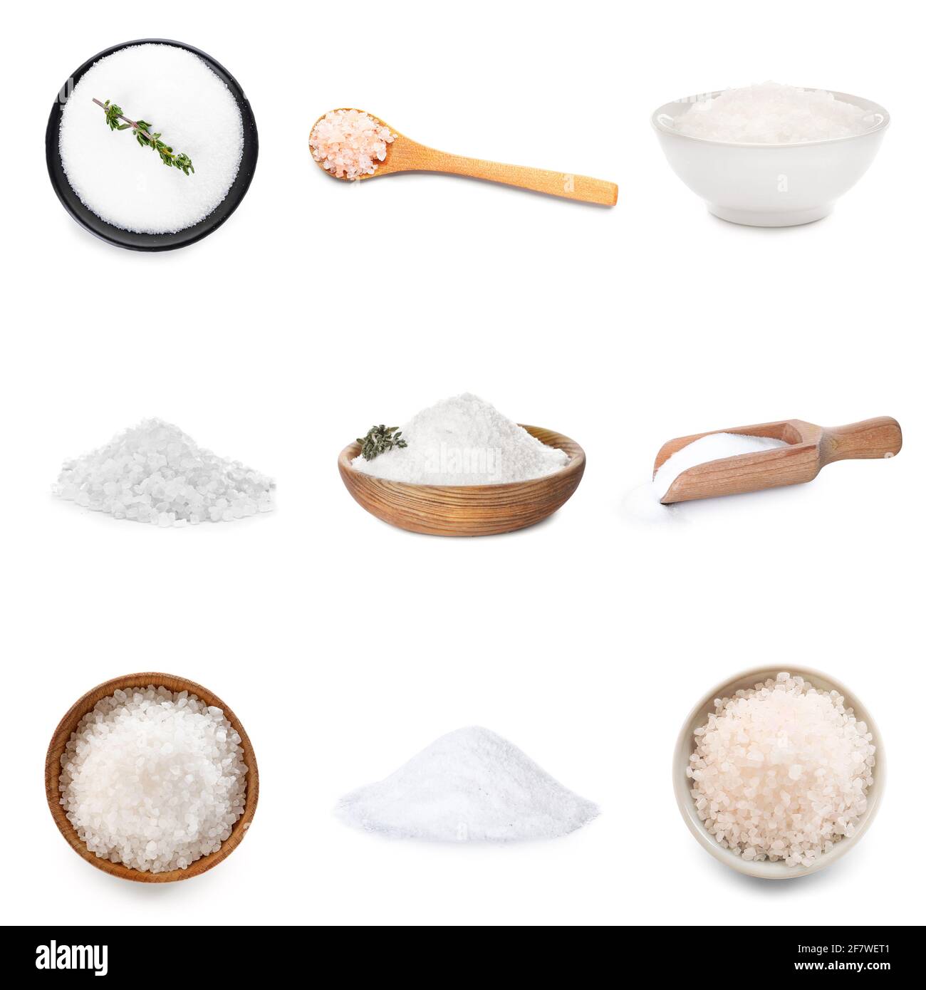 Collage of different salt on white background Stock Photo - Alamy