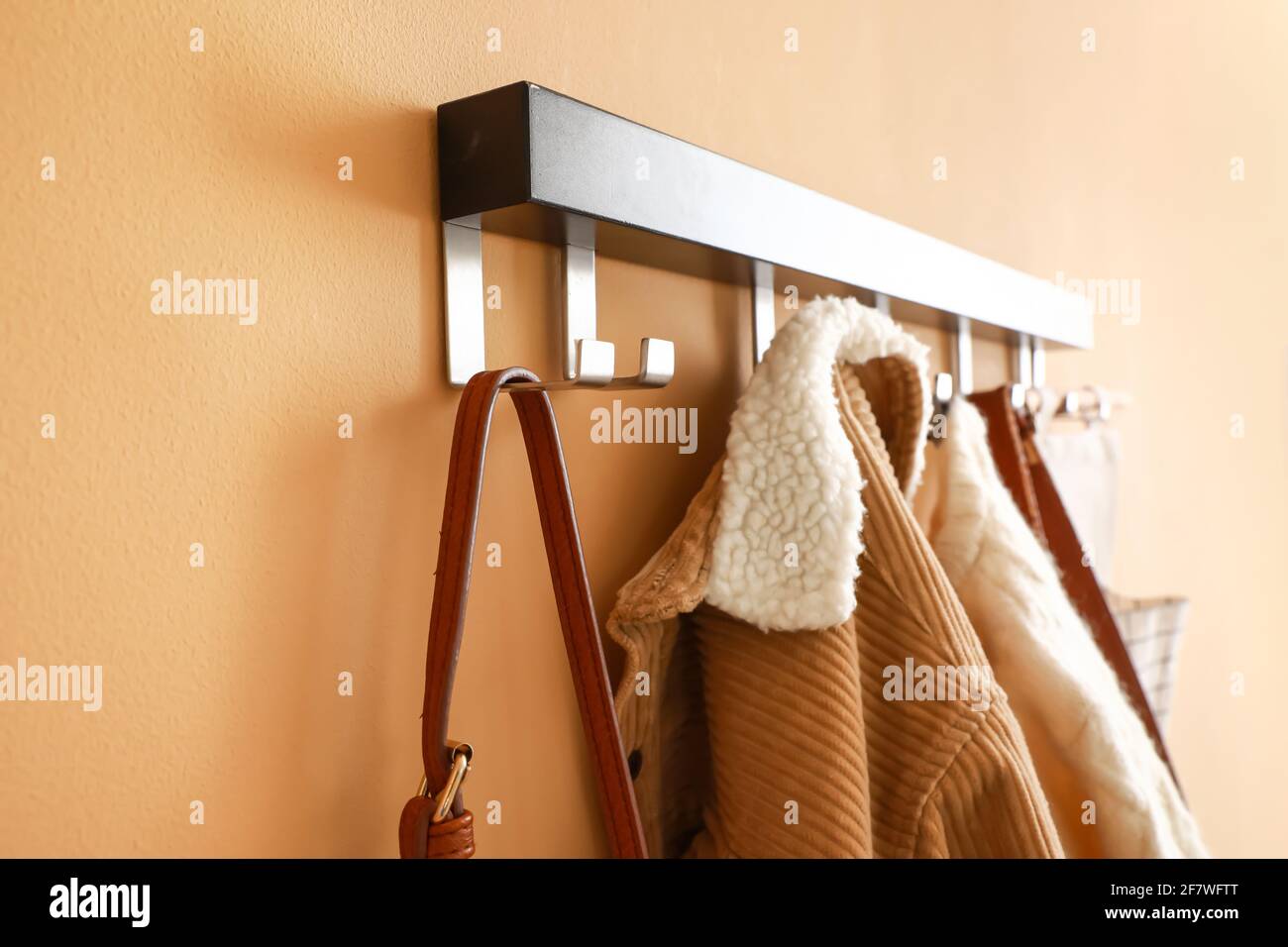 Stylish clothes hanging on wall in hall Stock Photo - Alamy