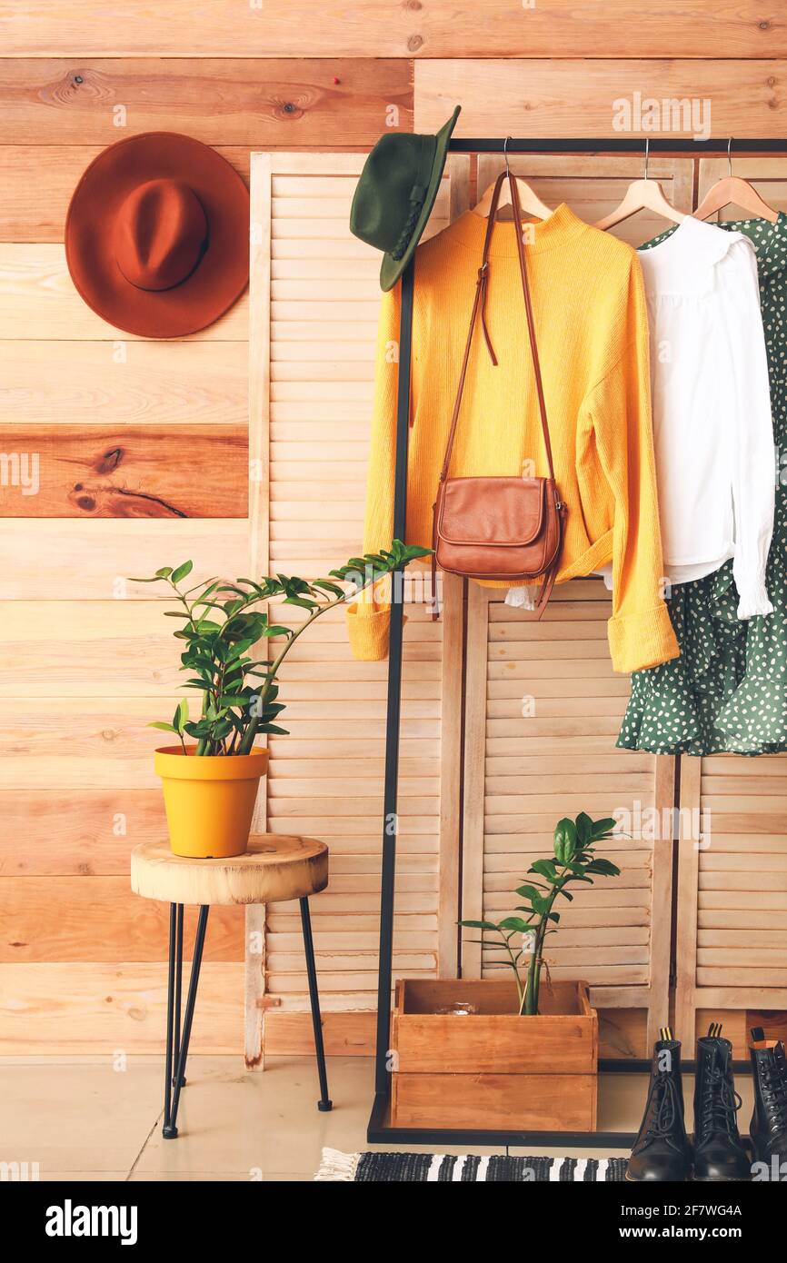 Rack with clothes in interior of modern room Stock Photo - Alamy