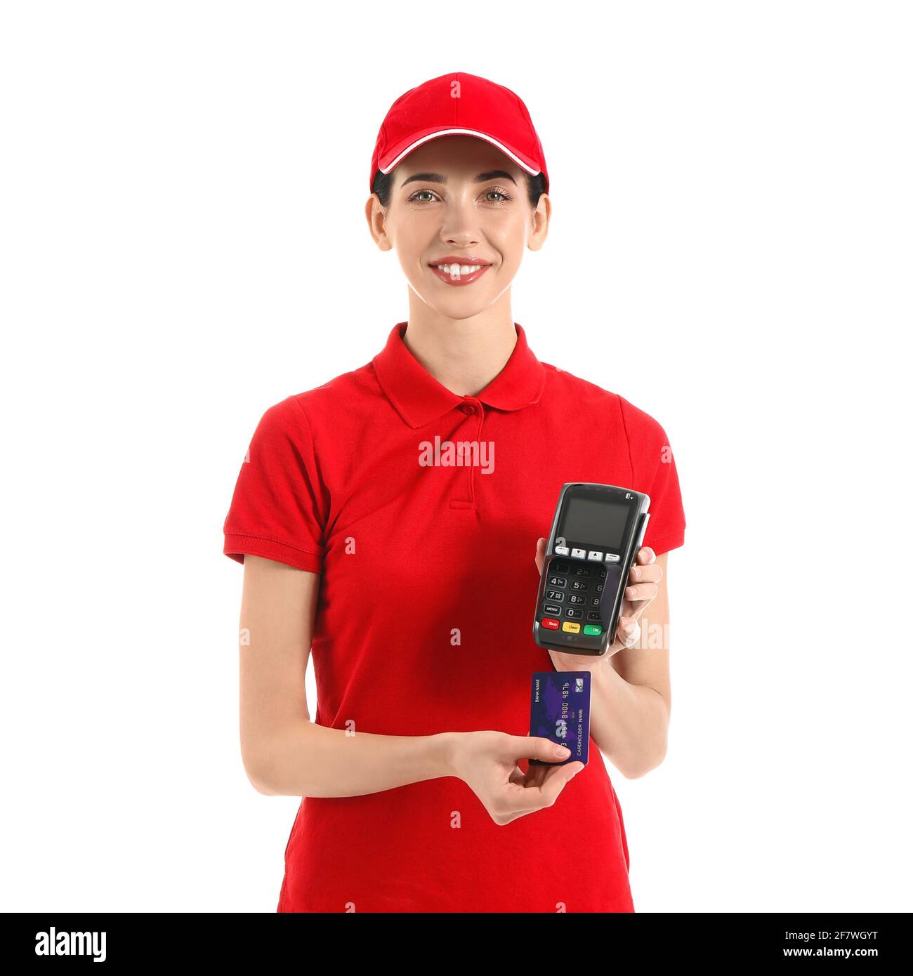 Female courier with payment terminal and credit card on white ...