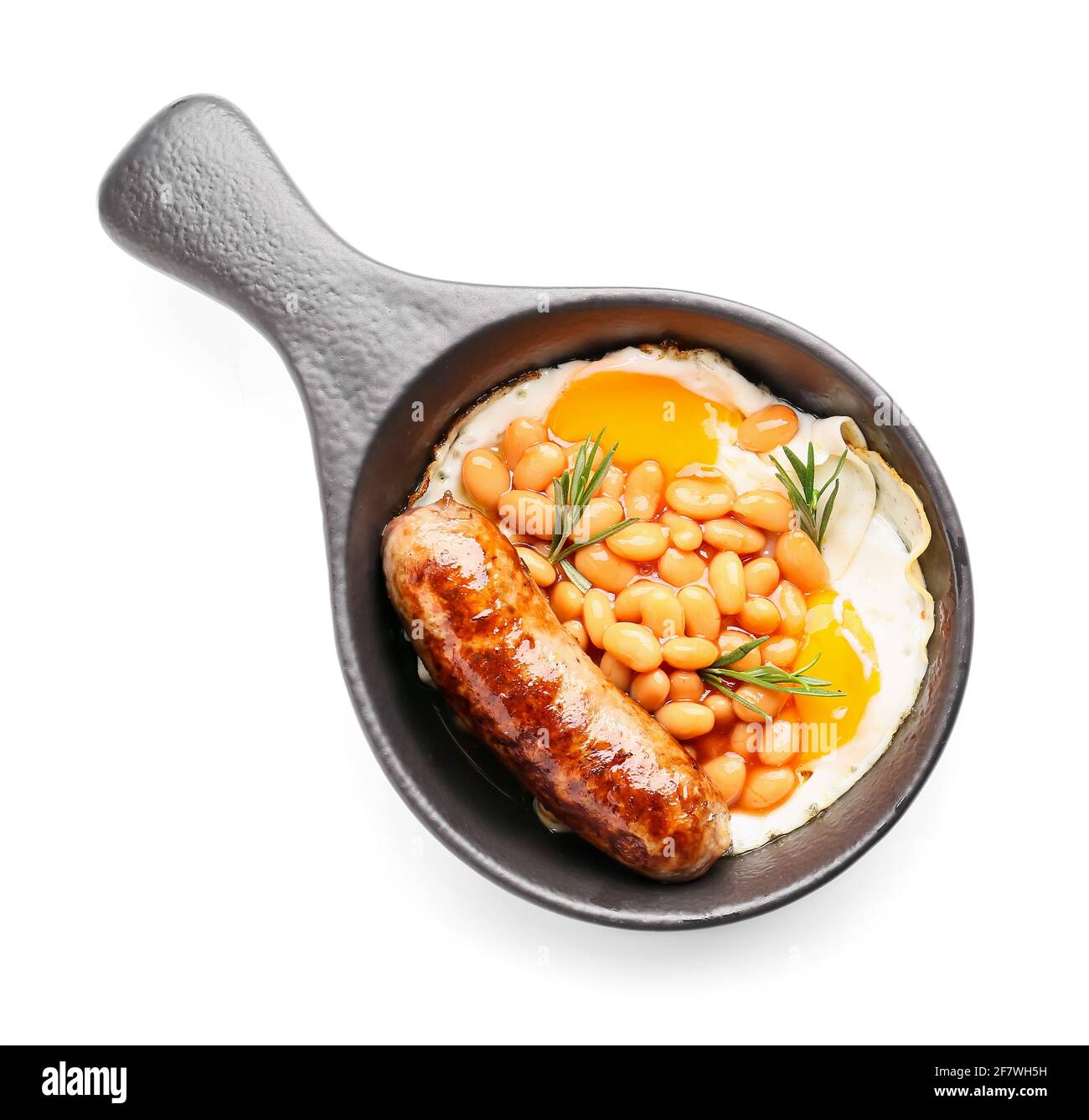 Frying pan with traditional English breakfast on white background Stock ...