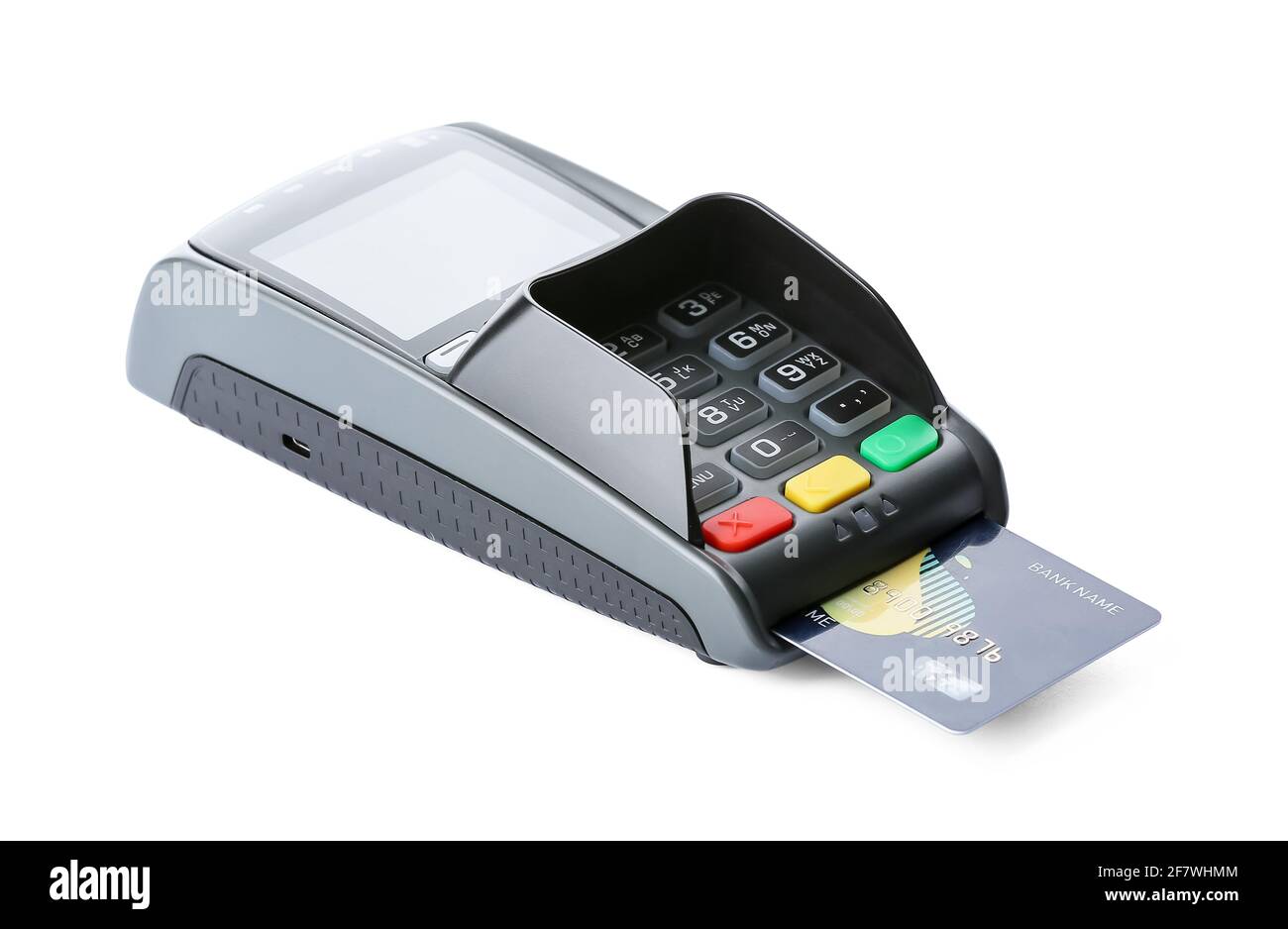 Payment terminal with credit card on white background Stock Photo - Alamy