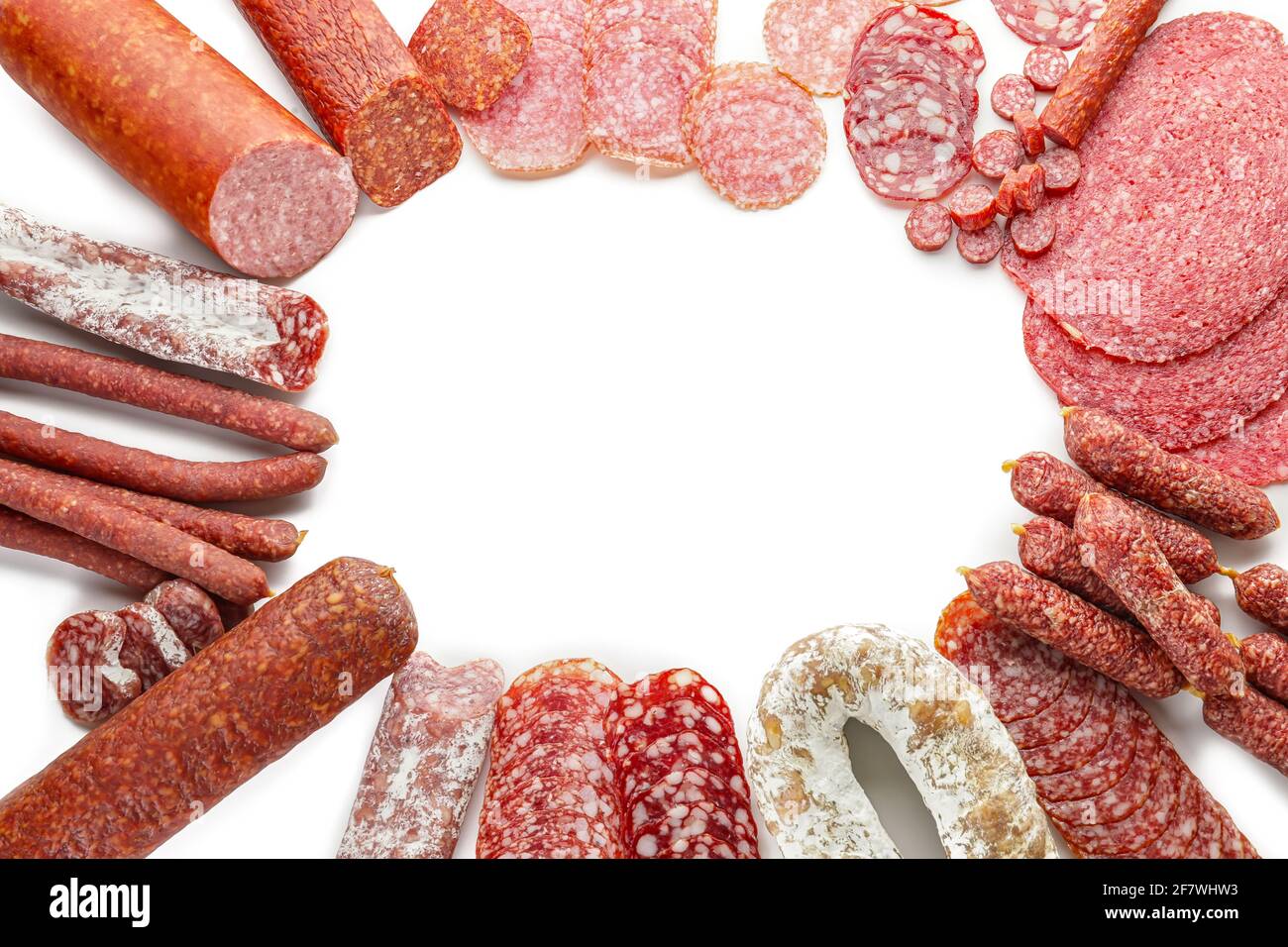 Frame made of different sausages on white background Stock Photo - Alamy