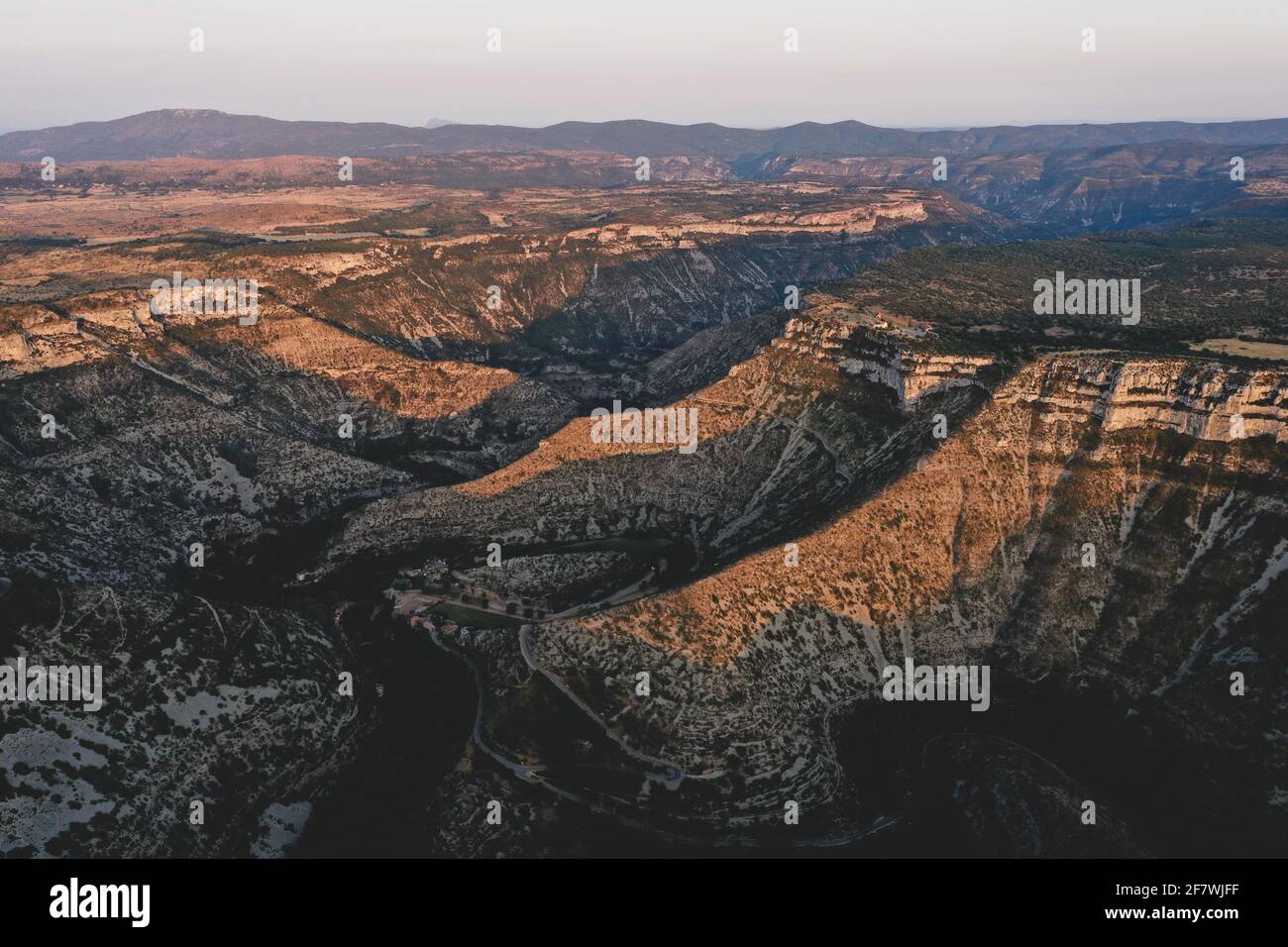 Aerial view of Gorges la Vis Valley and Navacelles circus in Cevennes ...