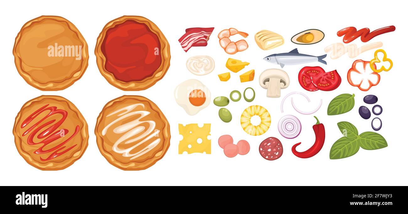 A set of ingredients for collecting pizza, dough, meat and vegetables ...
