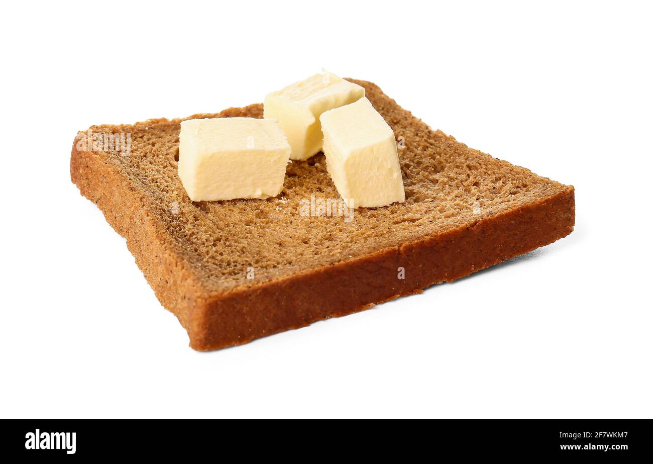 Slice of fresh bread with butter on white background Stock Photo - Alamy