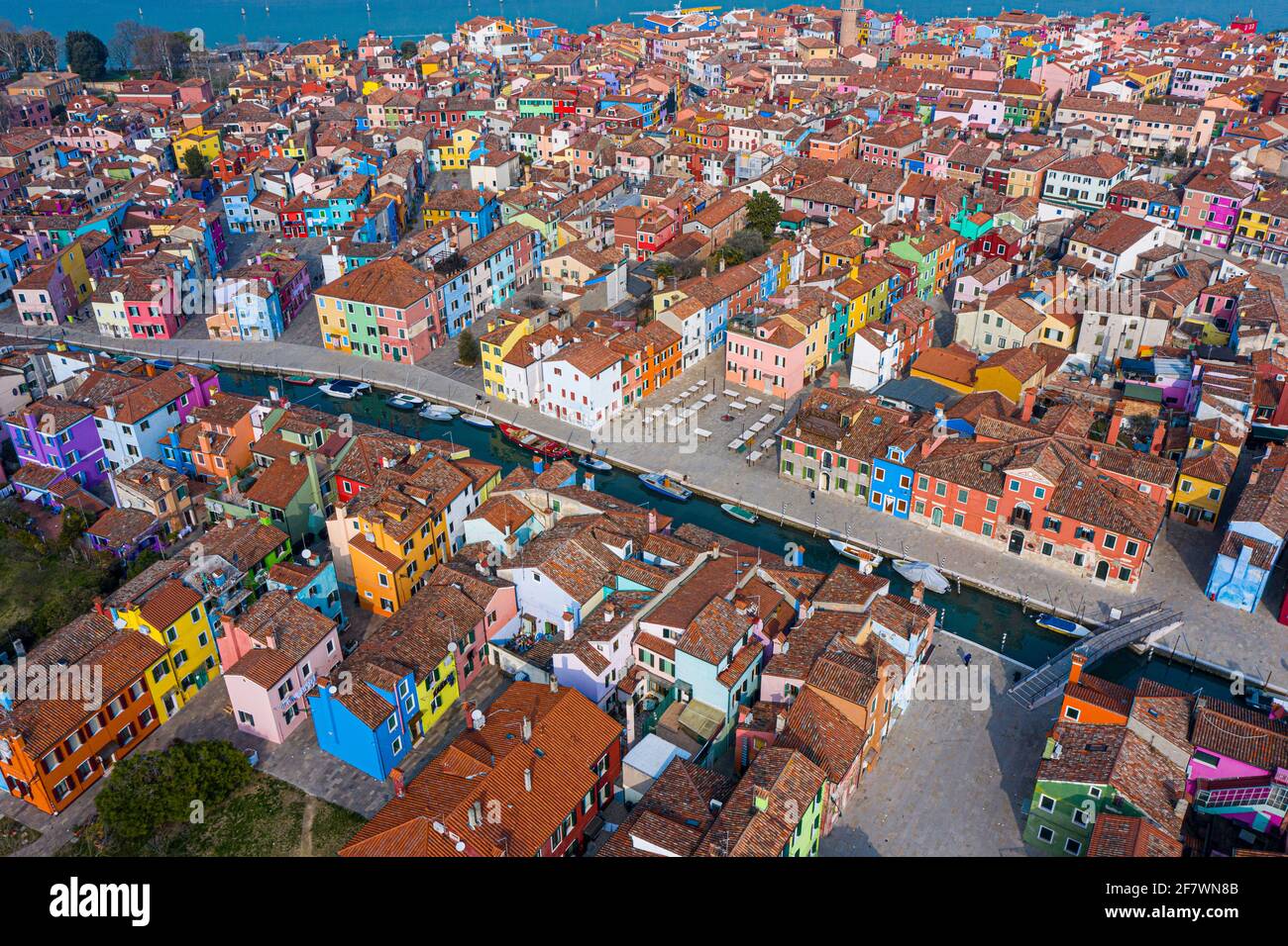 Aerial view of the colorful houses of the Burano Island, Italy, Venice ...