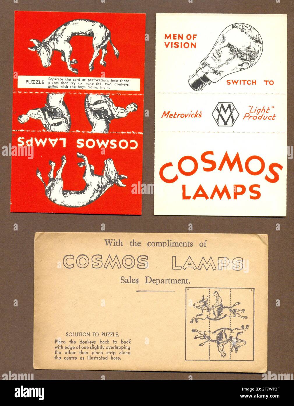 Give away puzzle advertising Cosmos Lamps showing front back and ...