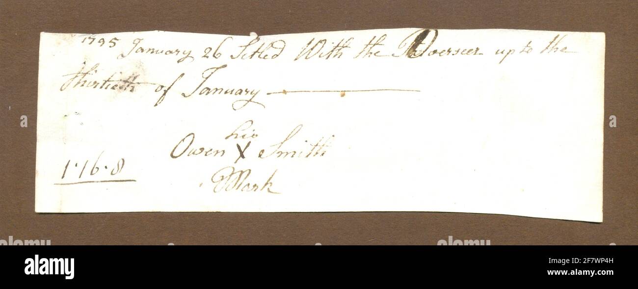Manuscript rent receipt signed with an X for Owen Smith 1795 Stock ...