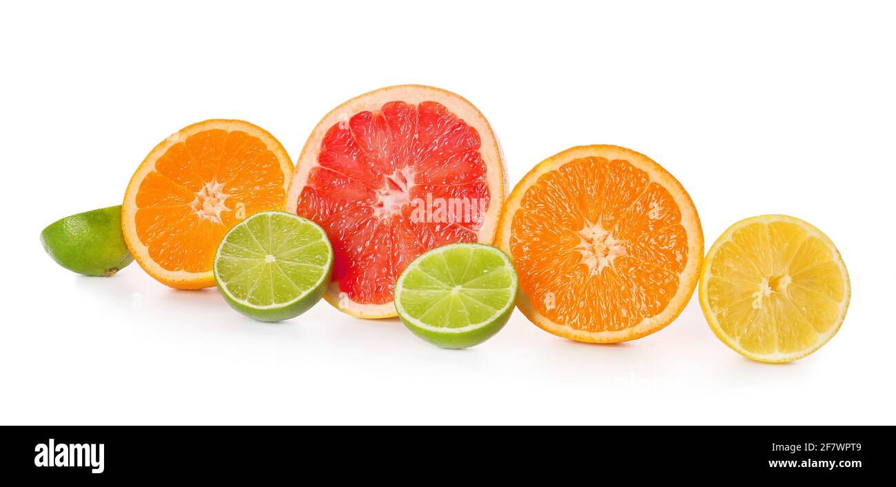 Fresh citrus fruits on white background Stock Photo - Alamy