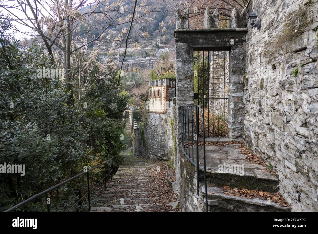 Ancient building and stone stairway covered with autumn foliage Stock ...