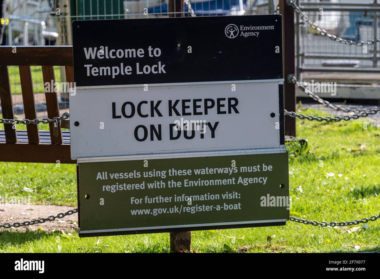 A large notice informing boat crews – ‘Lock Keeper on Duty’ at Temple ...