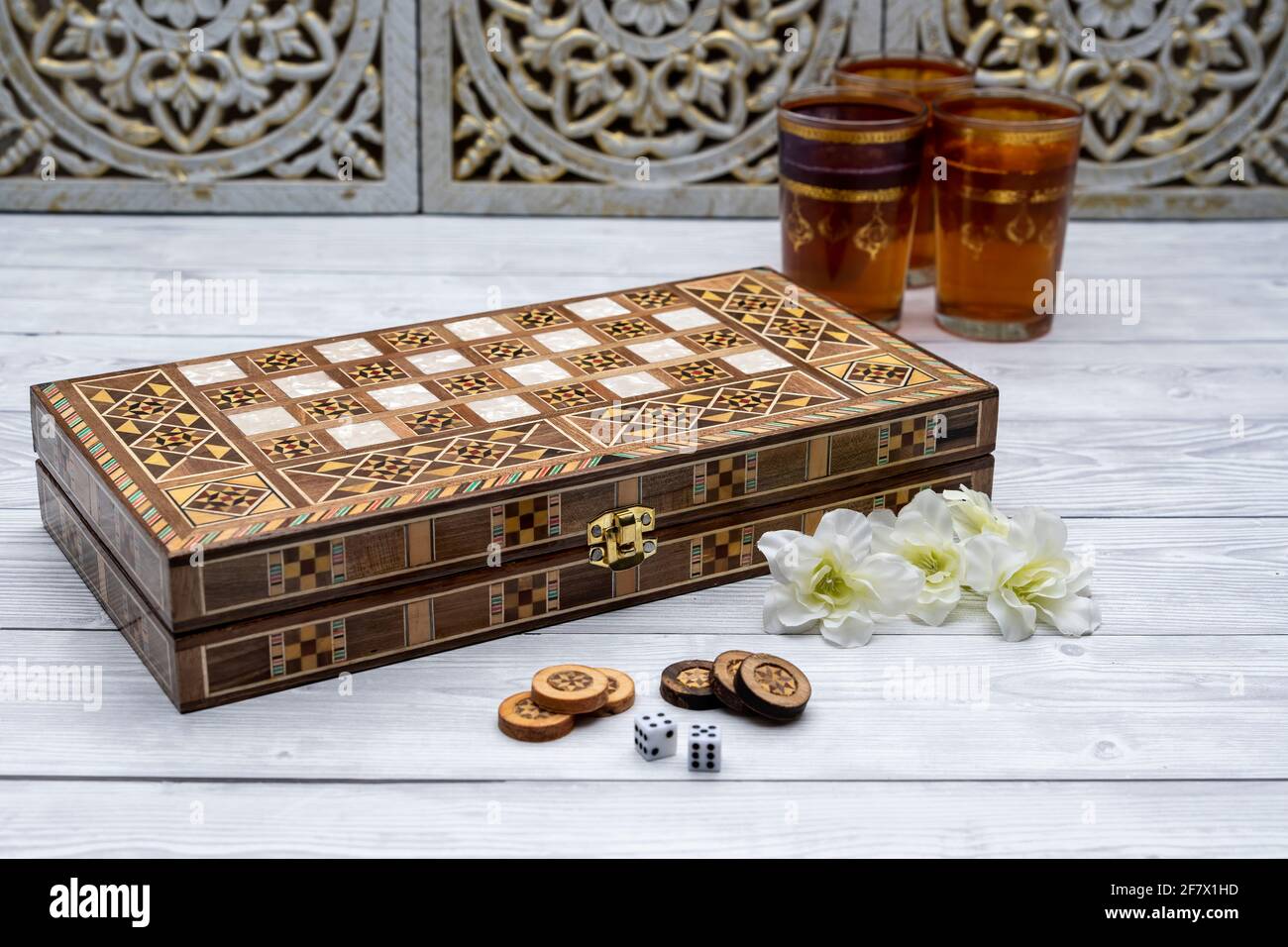 Oldest known board games Backgammon with cups of tee Stock Photo - Alamy