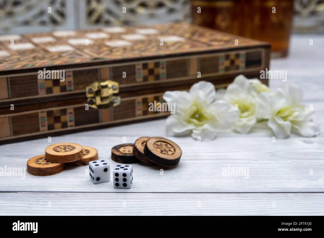 Oldest known board games Backgammon with cups of tee Stock Photo - Alamy