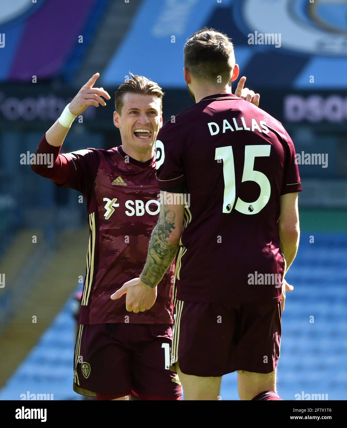 Leeds United's Stuart Dallas (back to camera) celebrates scoring their ...