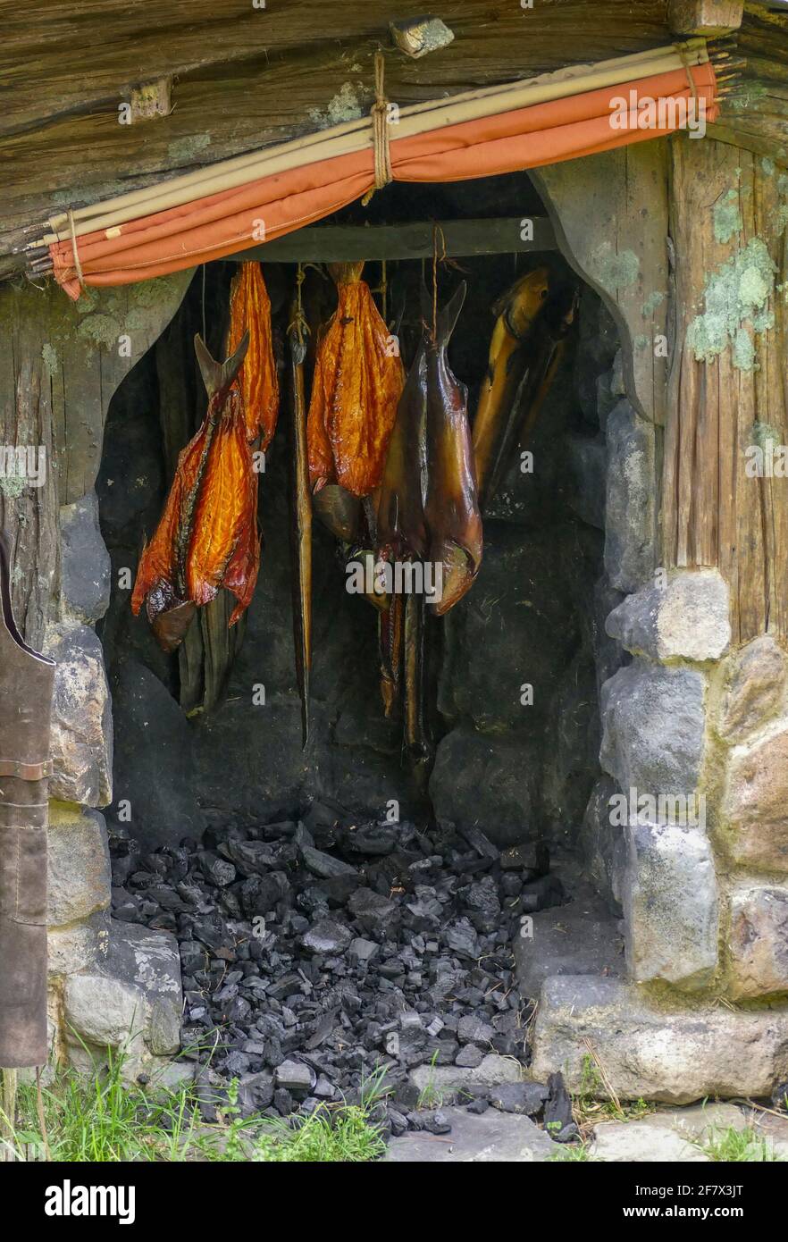 small smokehouse with smoked fish in it Stock Photo - Alamy