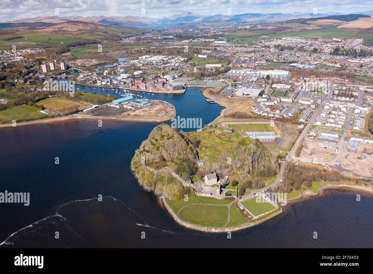 Aerial view from drone of Dumbarton Castle (closed during Covid-19 ...