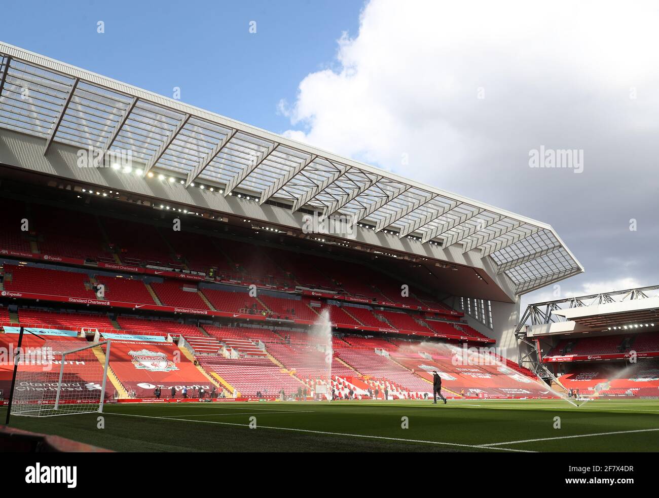 A general view of the pitch being watered before the Premier League ...