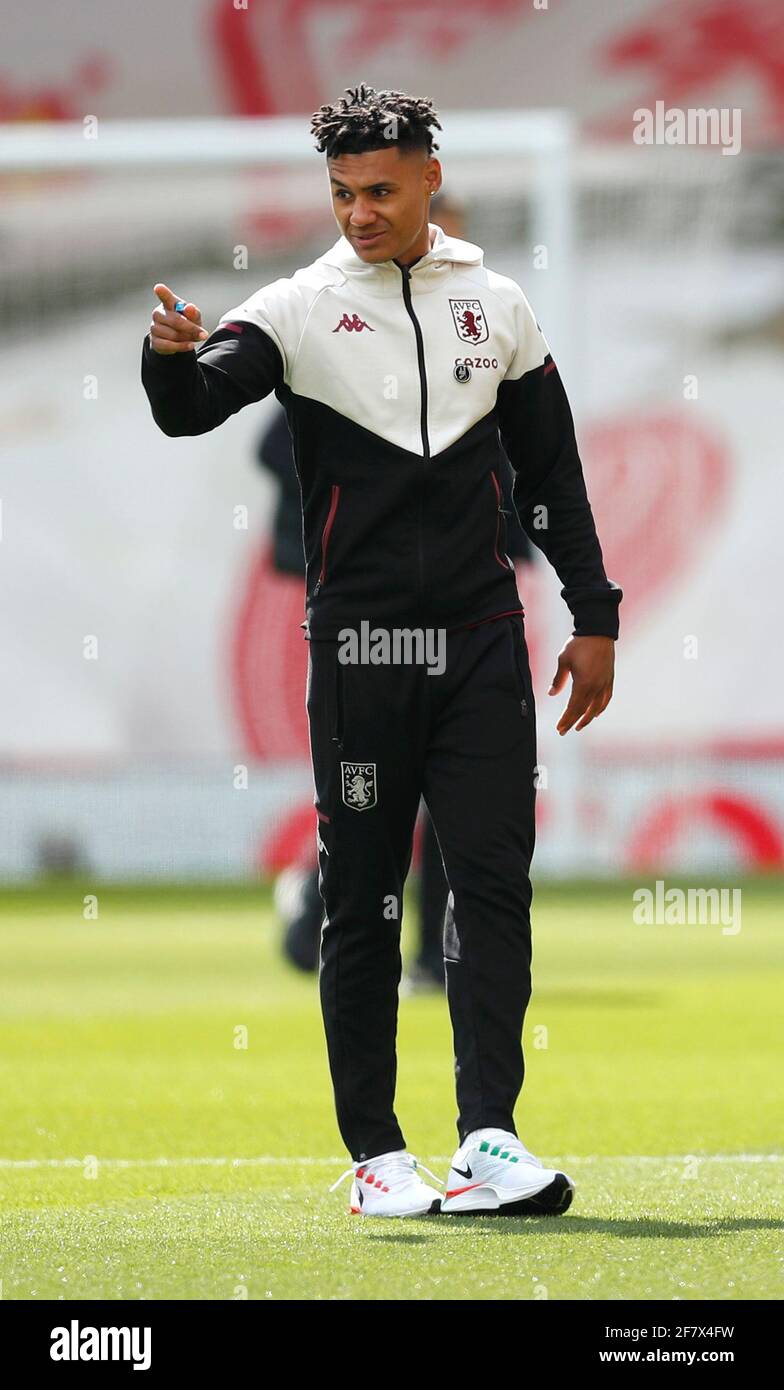 Liverpool, England, 10th April 2021. Ollie Watkins of Aston Villa takes ...