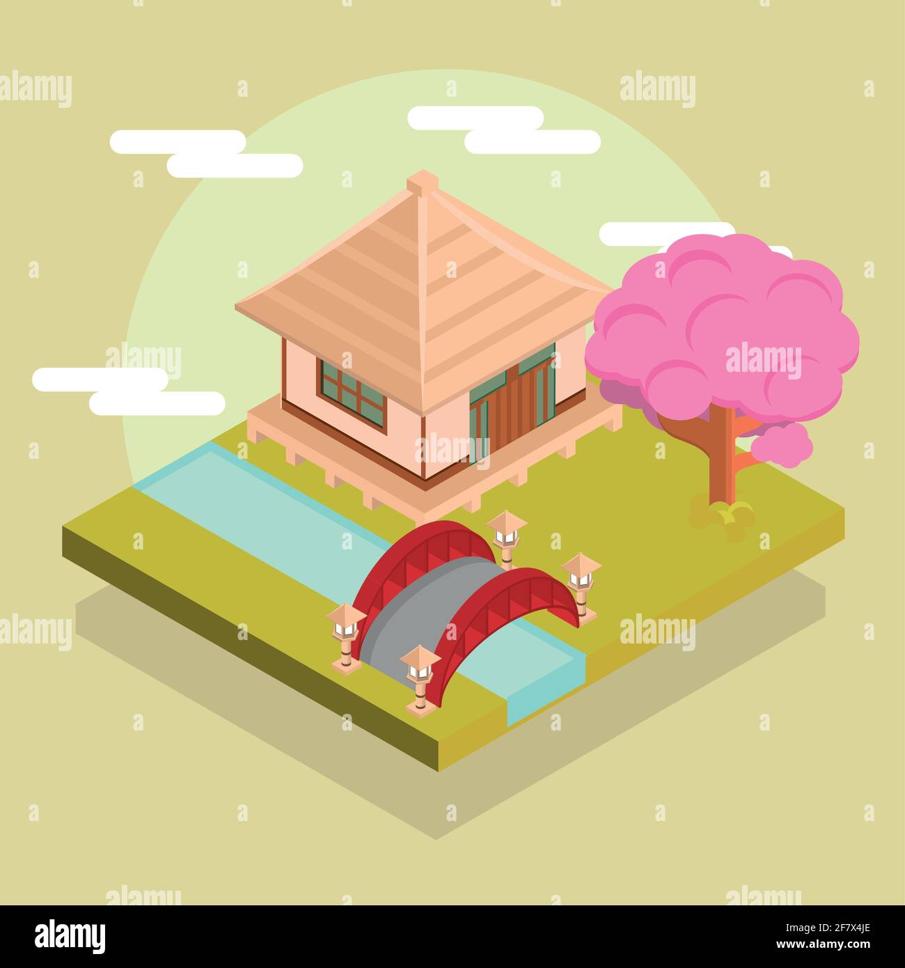 chinese house bridge tree isometric Stock Vector Image & Art - Alamy