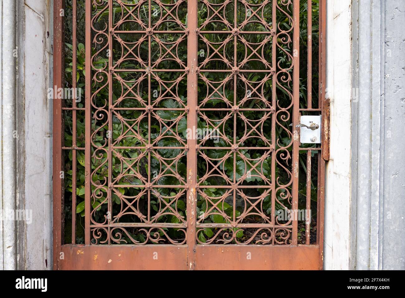 Metal fence with a geometric pattern against a green leafy bush Stock ...