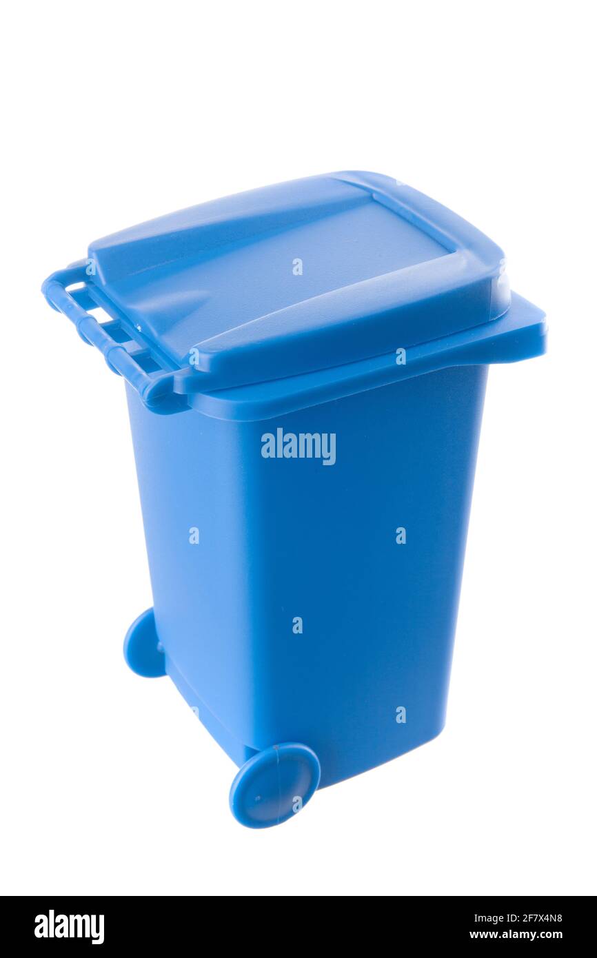 Plastic blue trash can isolated on white background Stock Photo - Alamy