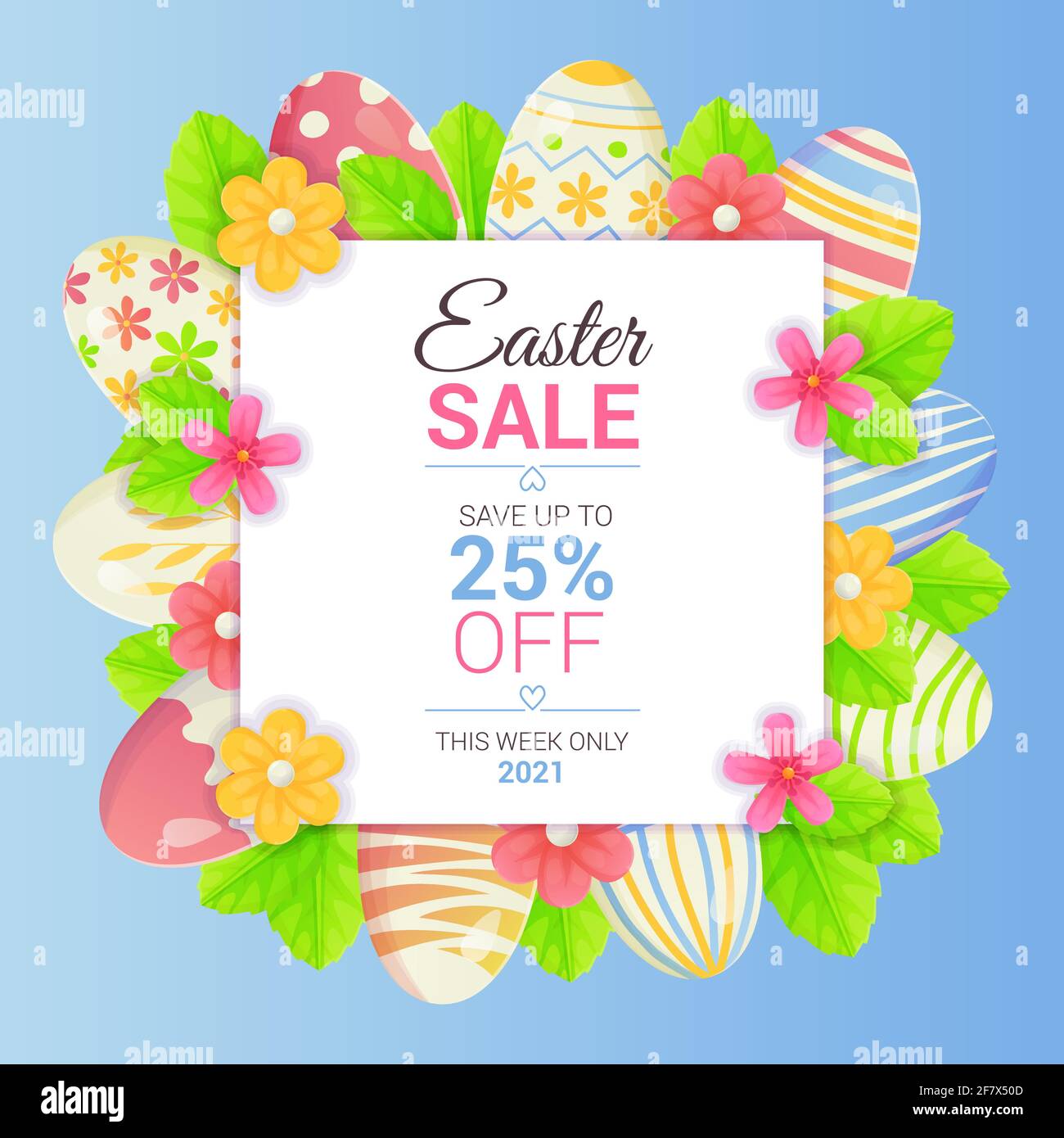 Square Easter sale banner with eggs, lives and flowers. Spring season ...