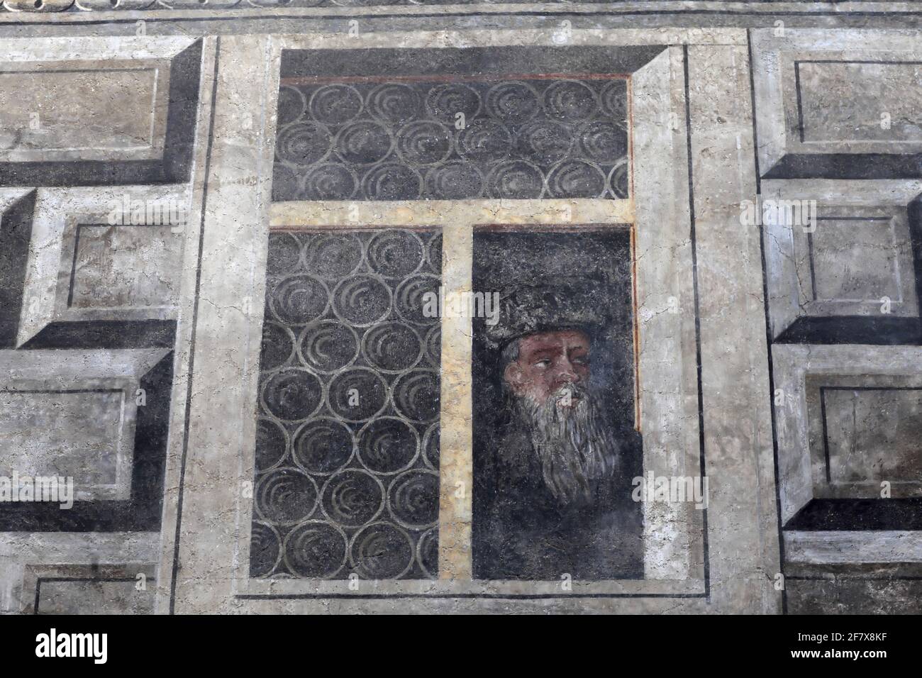 Painted window on the wall of old building in Cesky Krumlov Stock Photo ...