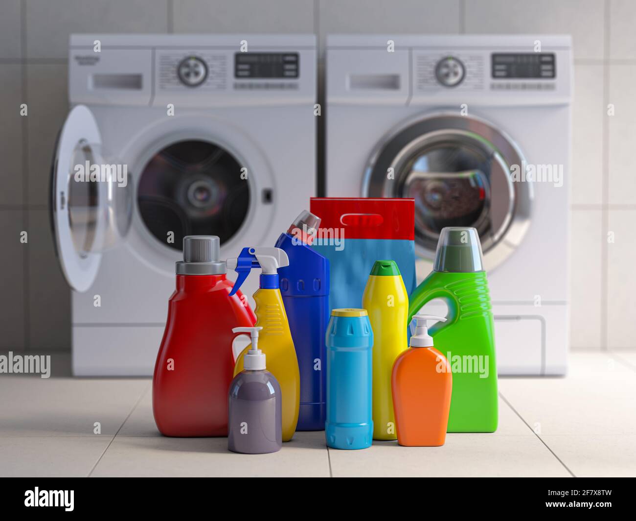 Washing machine, detergent bottles and powder. 3d illustration Stock ...