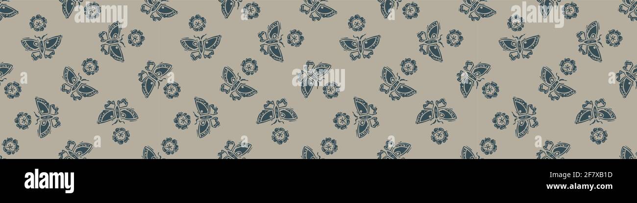 Hand carved butterfly block print seamless border pattern. Rustic naive ...