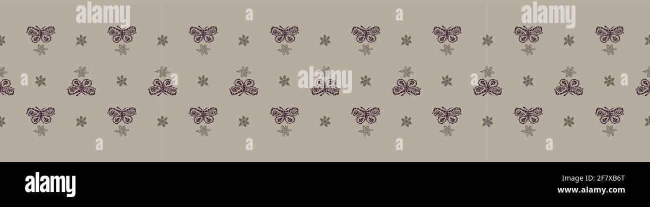 Hand carved butterfly block print seamless border pattern. Rustic naive ...