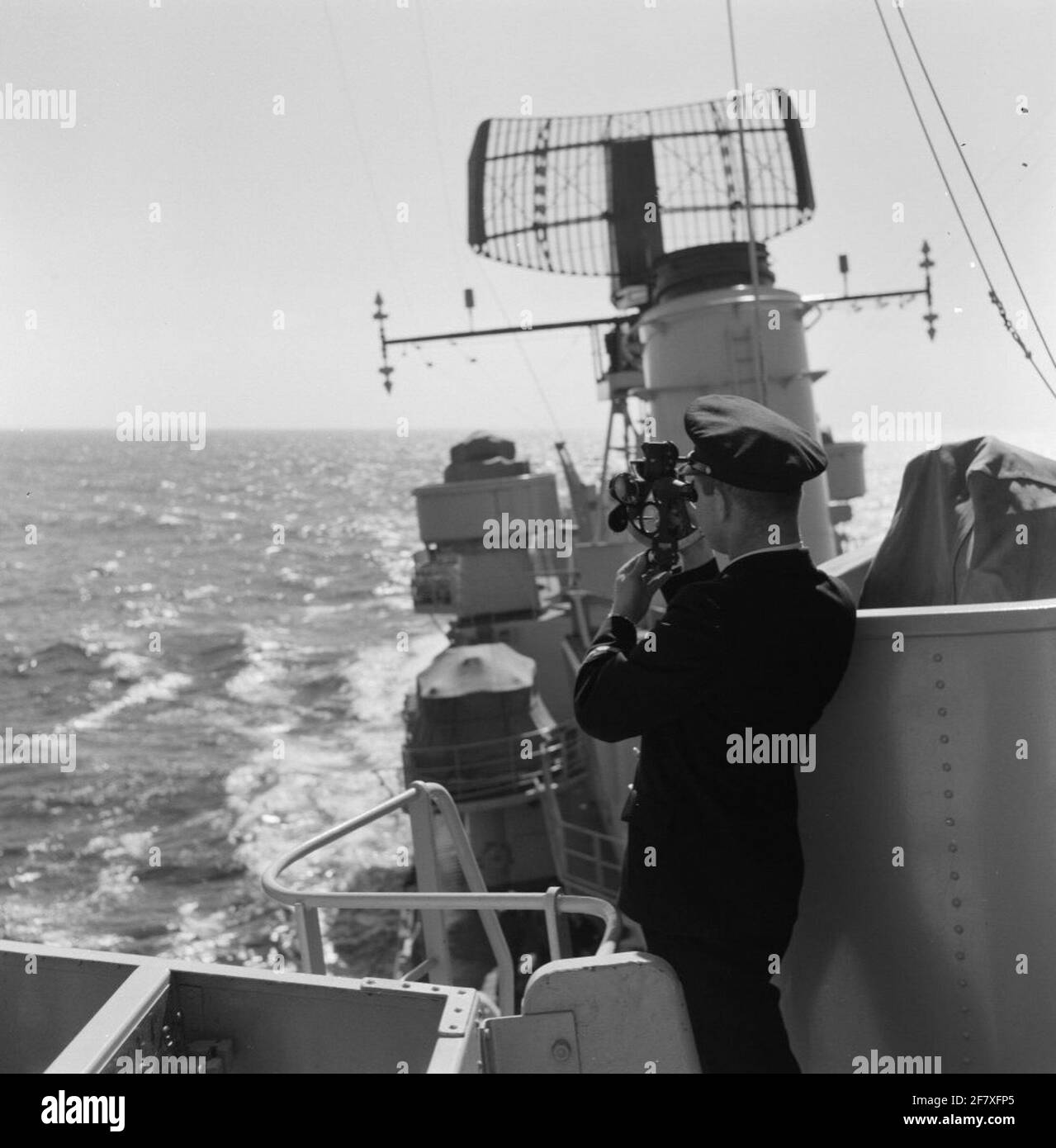 Sun shooting with a Sextant Subdue boat hunter Hr.Ms. Utrecht (D 817 ...