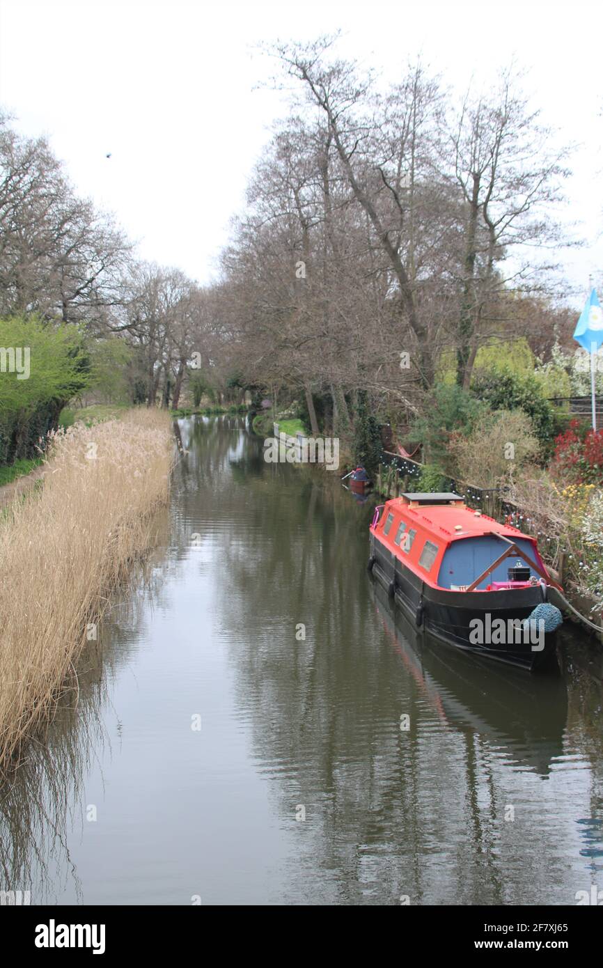 a barge moored on the wey navigation canal near Send, Surrey Stock ...