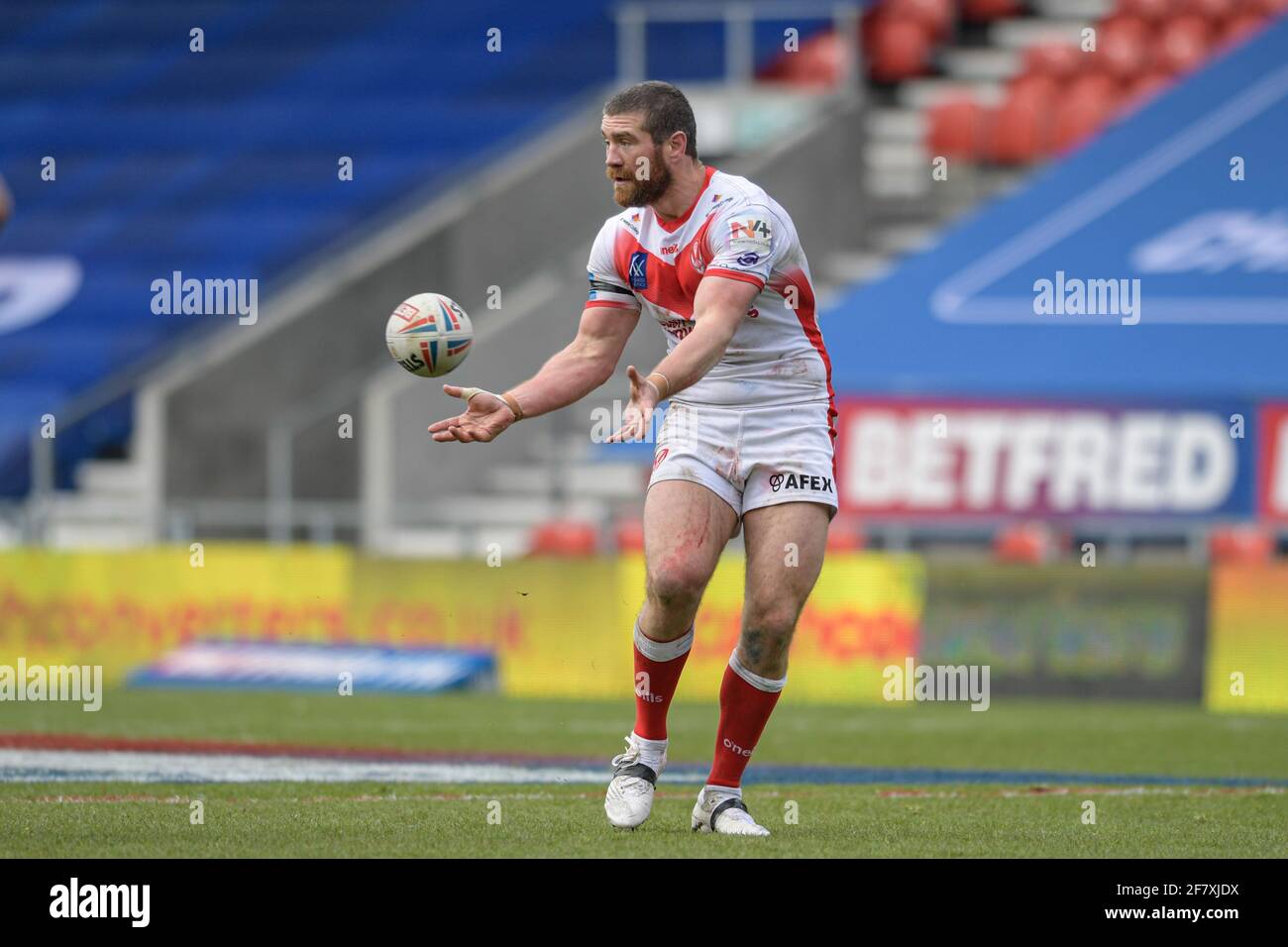 Kyle Amor (16) of St Helens passes the ball in St Helens, UK on 4/10 ...