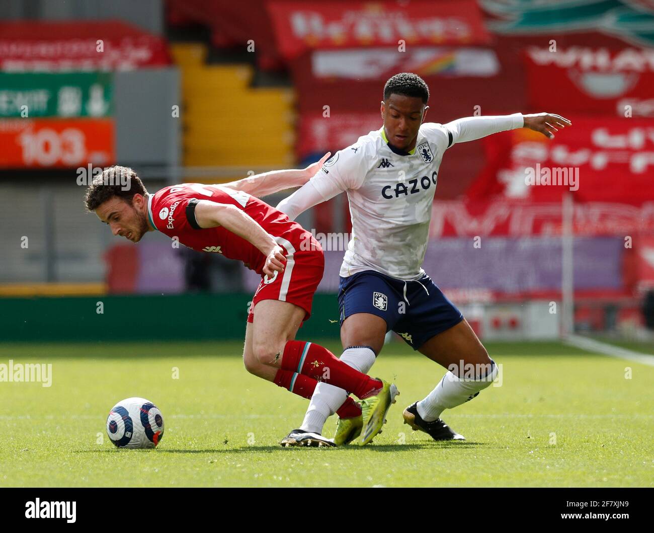Liverpool, England, 10th April 2021. Diogo Jota of Liverpool challenged ...