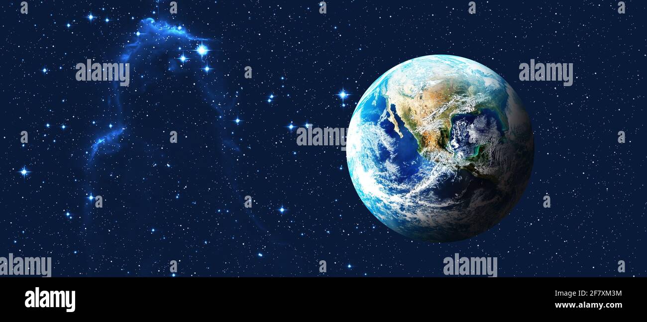 Planet Earth on dark blue night sky with bright stars. Banner format ...